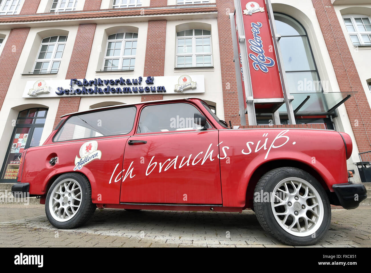 A red Trabant with the logo of the Halloren Chocolate Factory can be ...