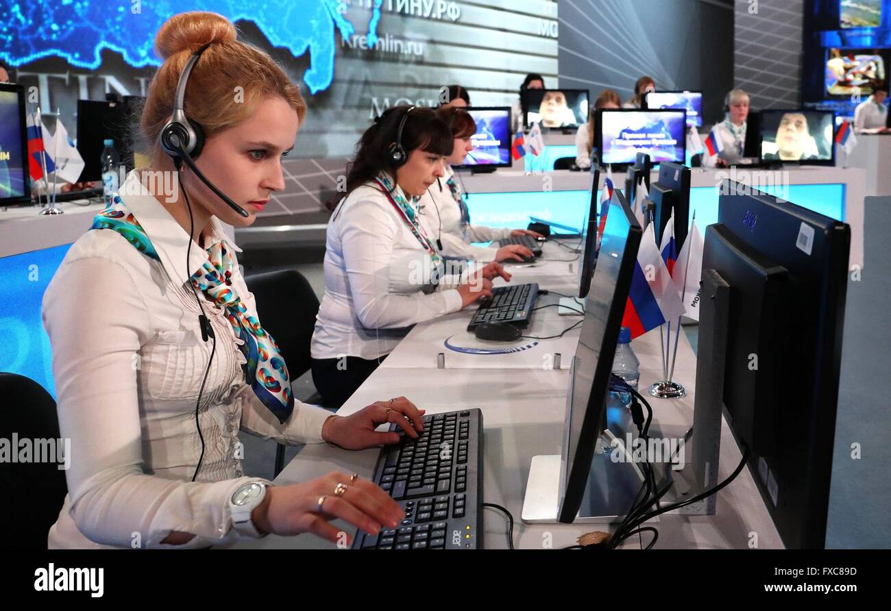 Moscow, Russia. 14th Apr, 2016. Women man the call center during ...