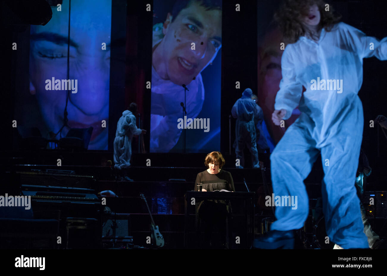 Munich, Germany. 14th Apr, 2016. Actress Annette Paulmann (C) performs ...