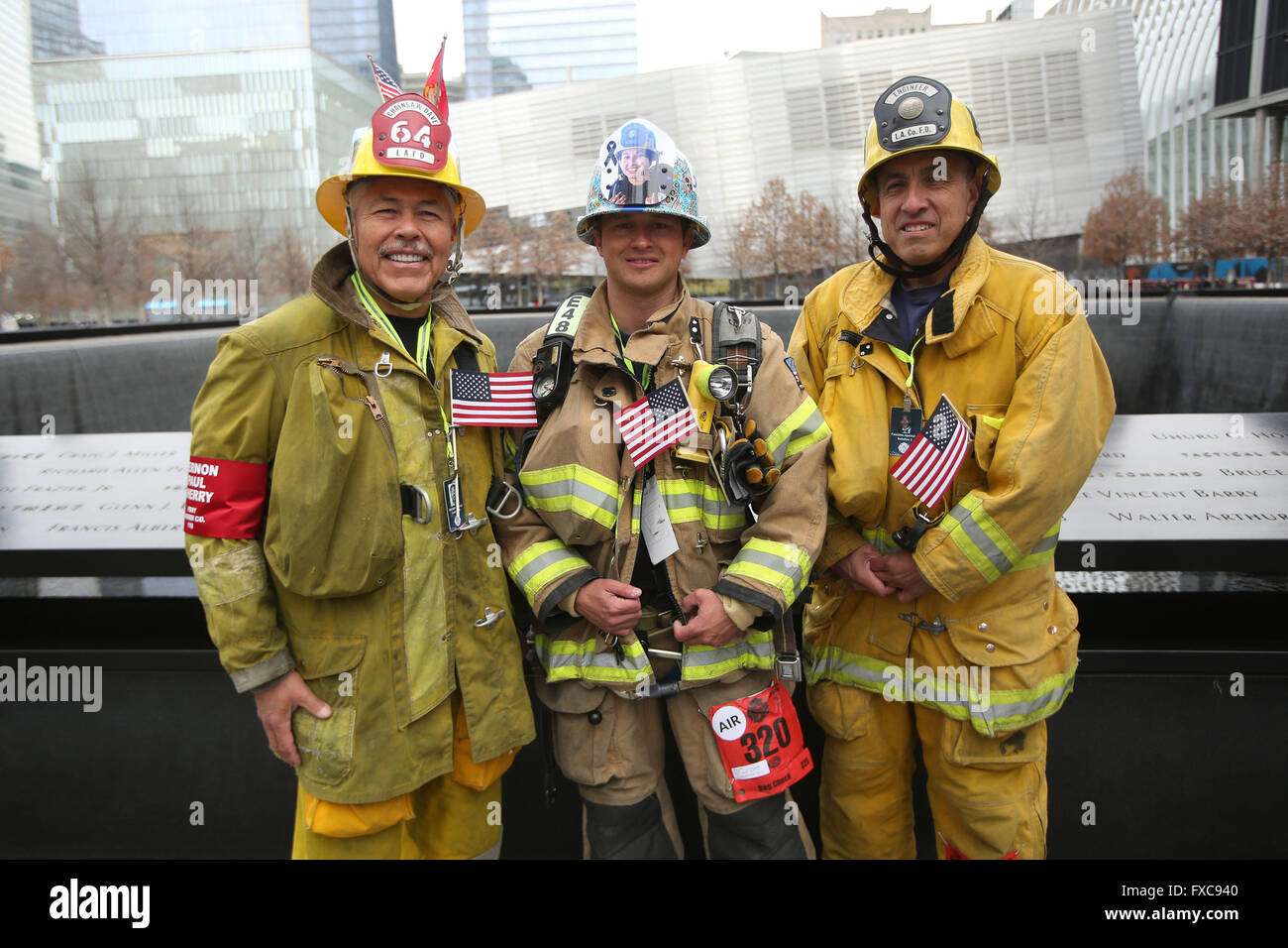 New York City, NY, USA. 13th Mar, 2016. From left, LAFD firefighter ...