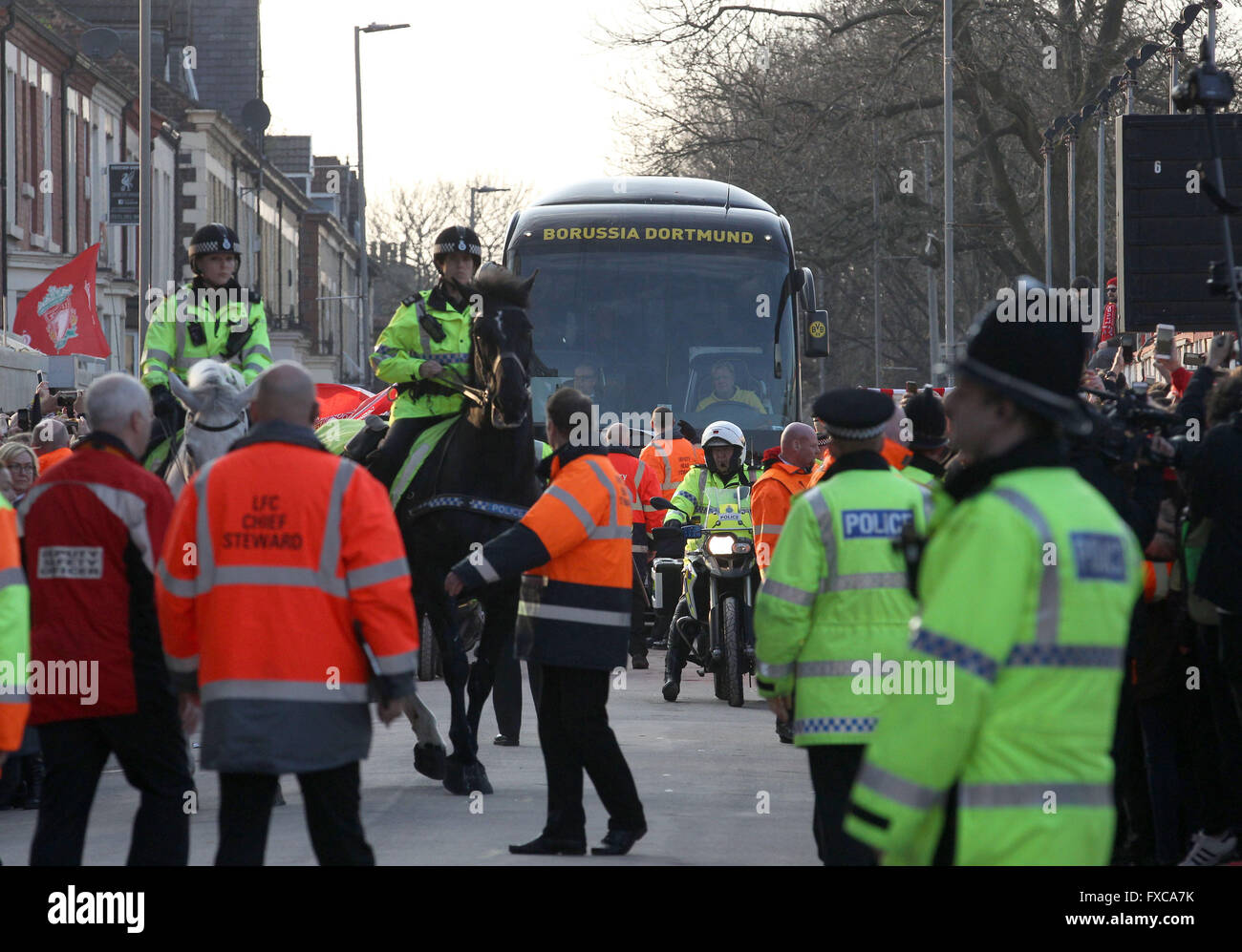 The Borussia Dortmund team bus arrives at the Anfield stadium in ...