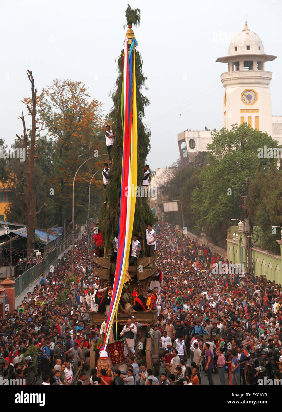 Kathmandu, Nepal. 14th Apr, 2016. Devotees pull the chariot of Seto ...