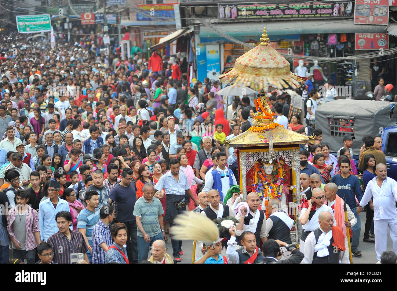 Kathmandu, Nepal. 14th Apr, 2016. Priest carrying idol Jana Baha Dyah ...