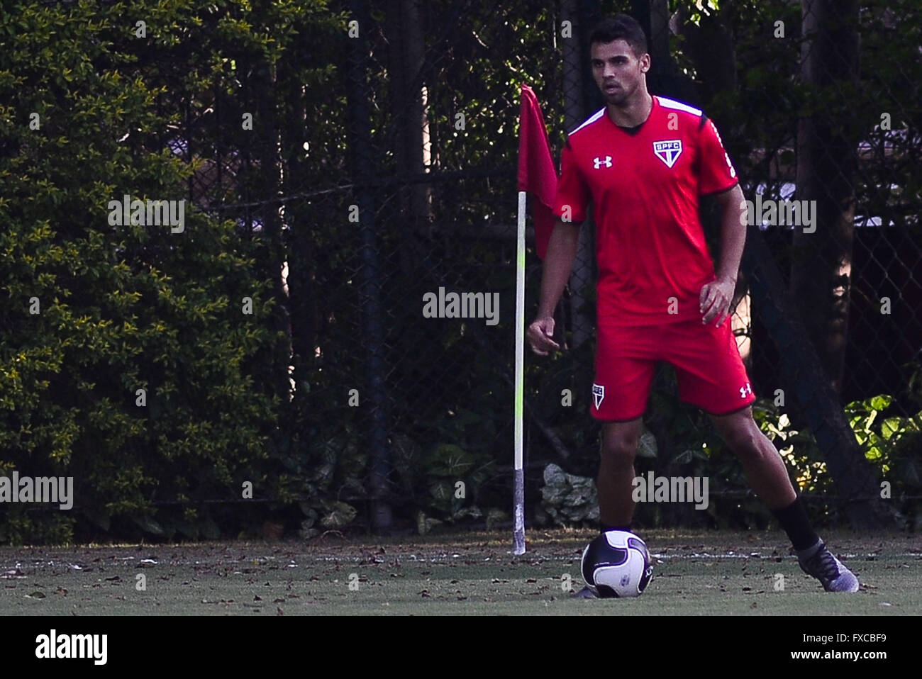SAO PAULO, Brazil - 04/14/2015: TRAINING SPFC - Luc?o during training ...
