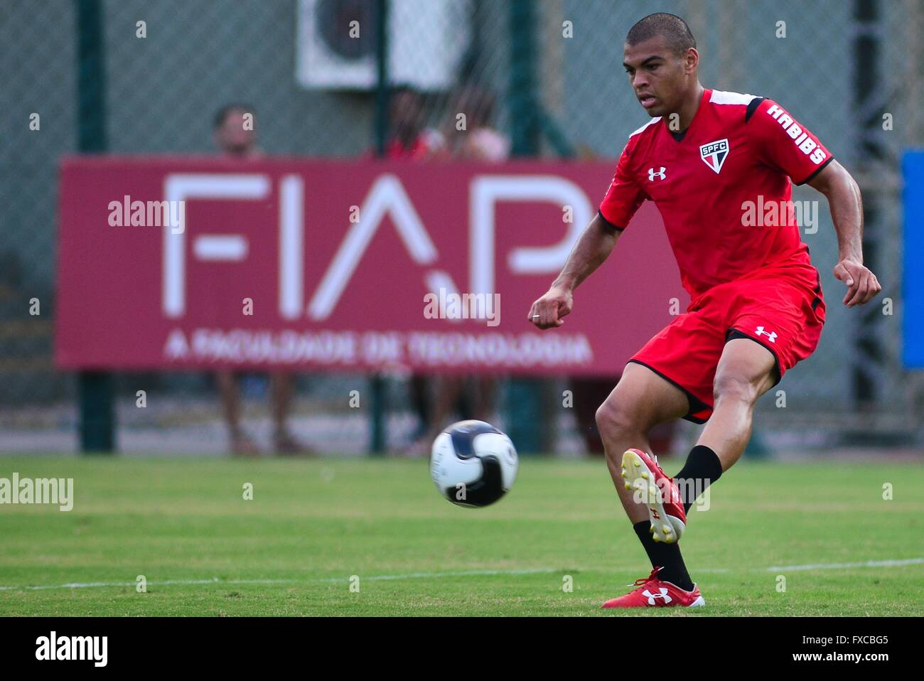SAO PAULO, Brazil - 04/14/2015: TRAINING SPFC - Caramel during training ...
