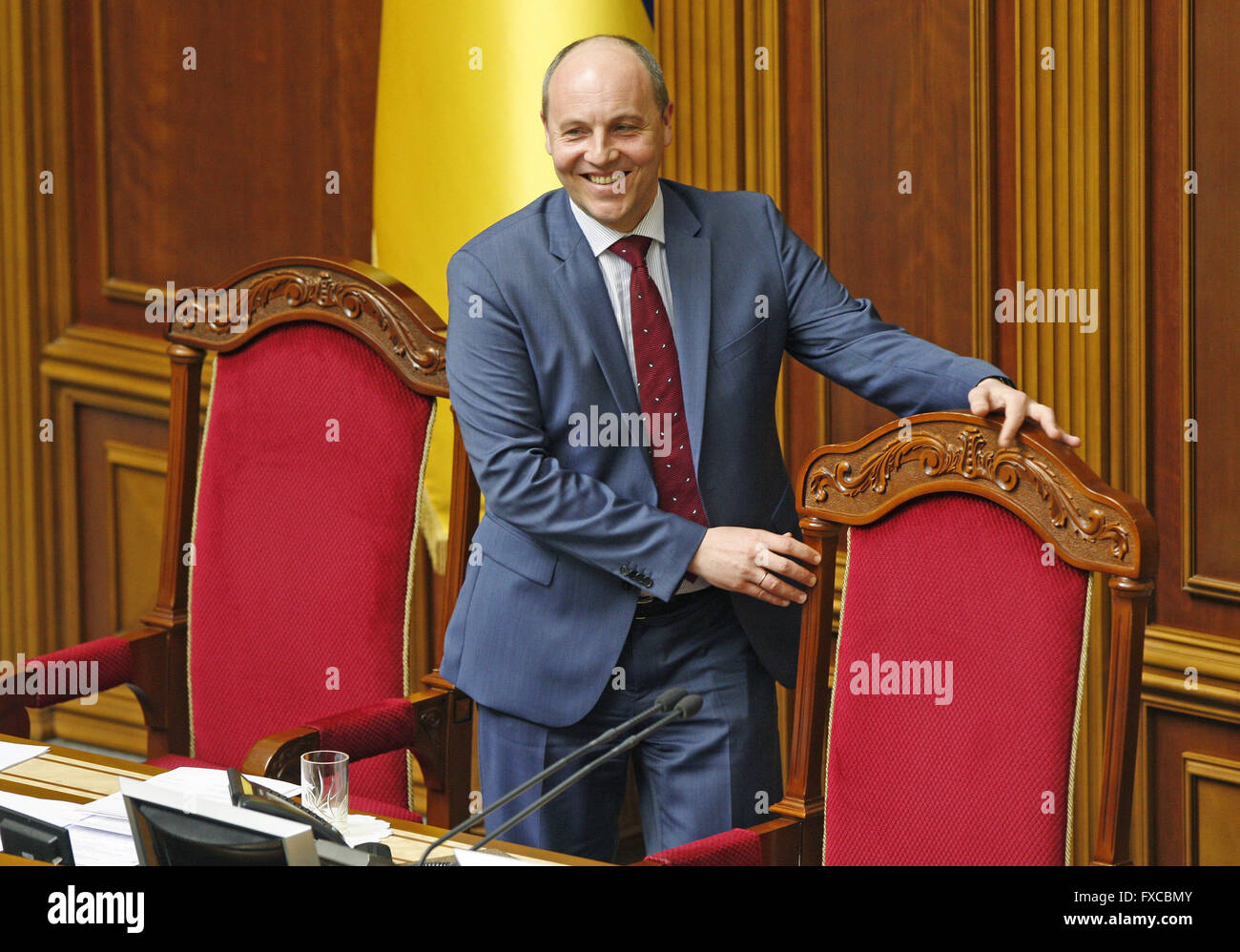 Kiev, Ukraine. 14th Apr, 2016. Newly elected Speaker Andriy Parubiy ...