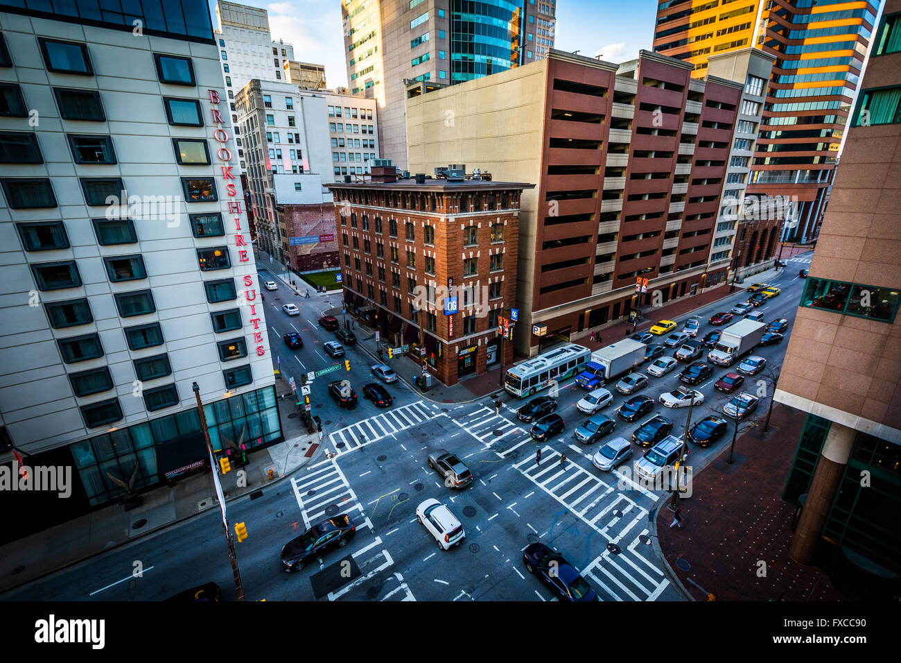 View of the intersection of Lombard and Calvert Streets in downtown ...