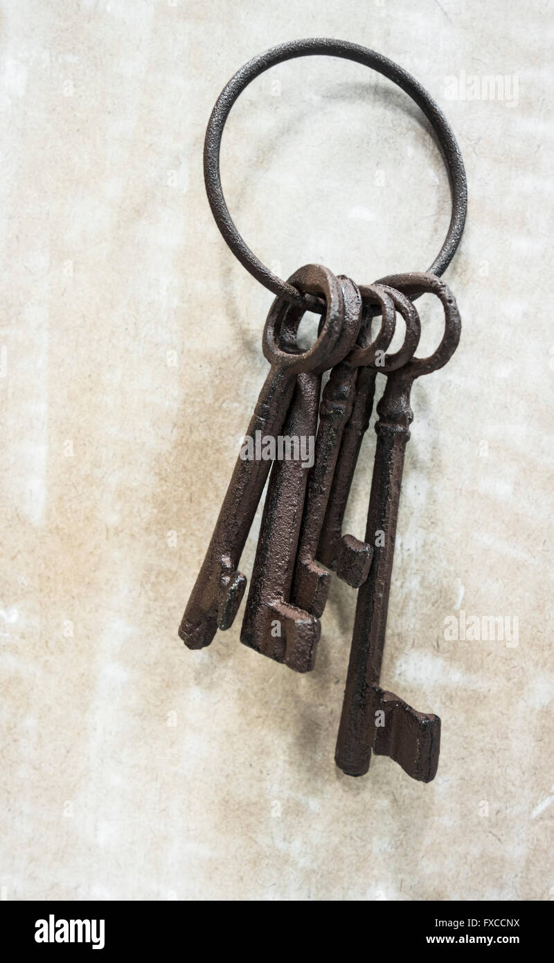 Rusty old keys on a rusty ring with a distressed background Stock Photo ...