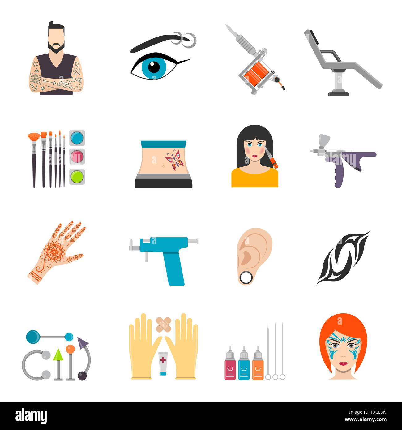 Icons set with bodyart tattoo piercing and special equipment Stock ...