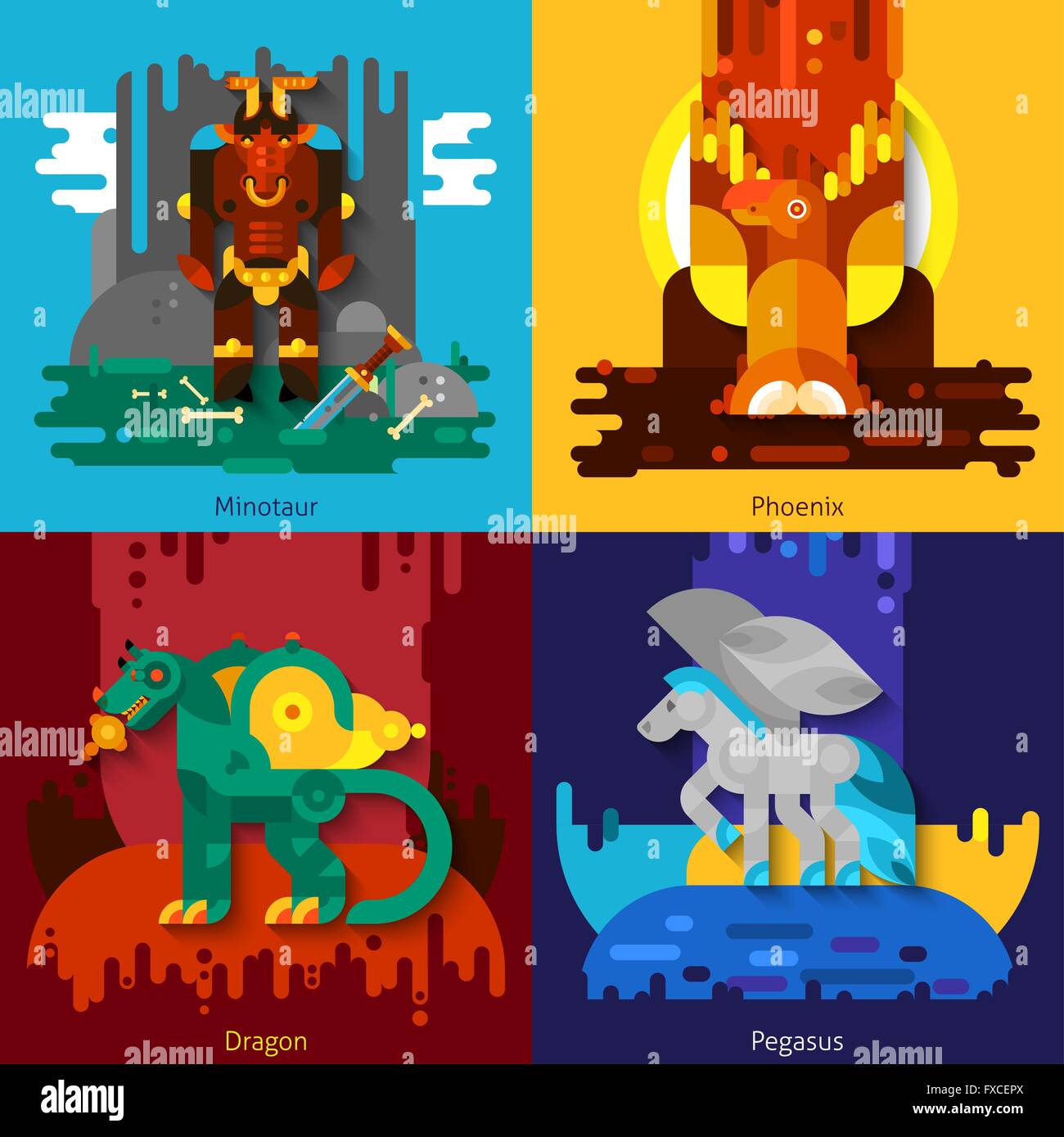 Mythical Creatures Minotaur Dragon Phoenix Pegasus Stock Vector Image ...