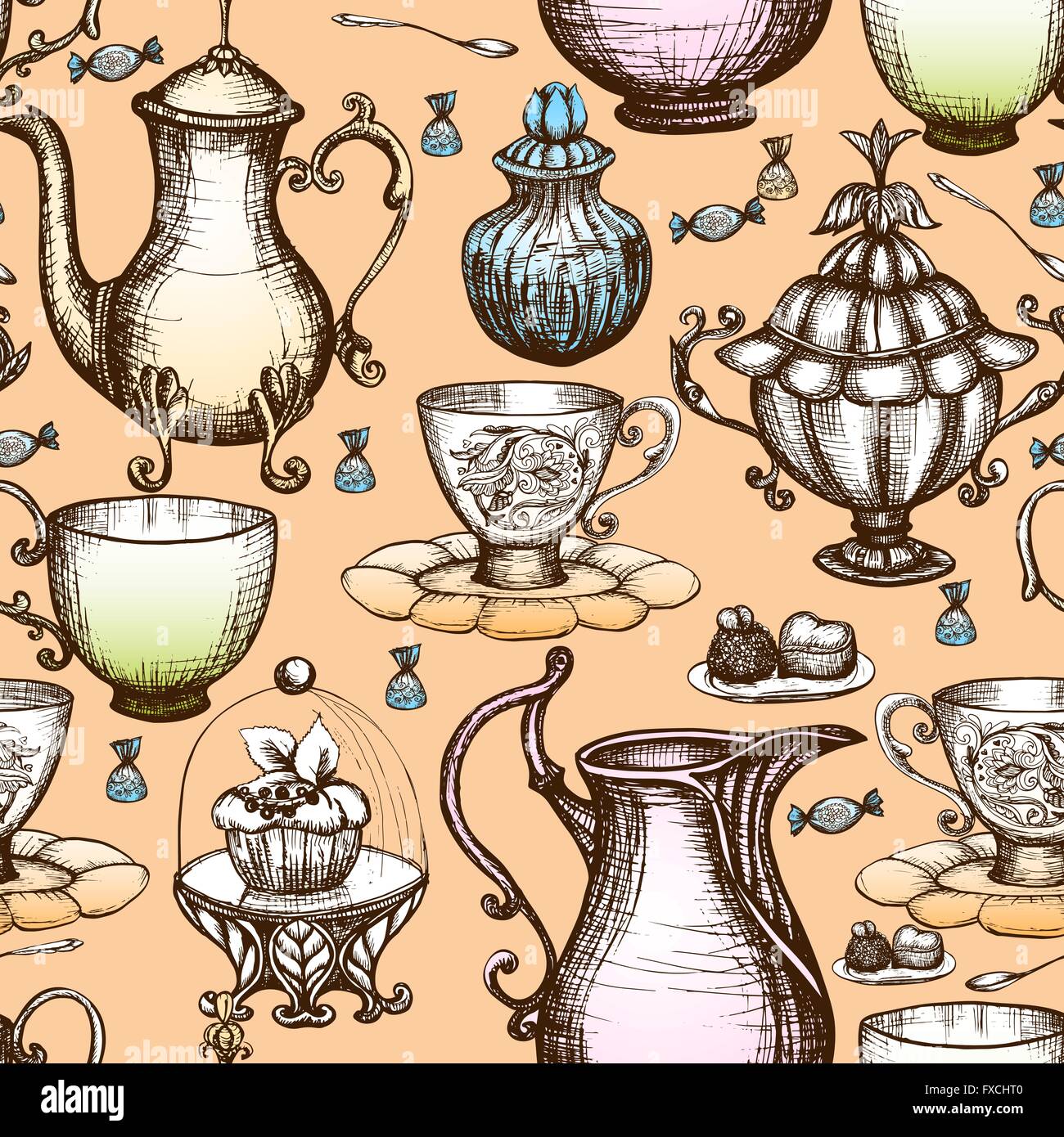 Vintage cup tea cake pot Stock Vector Images - Alamy