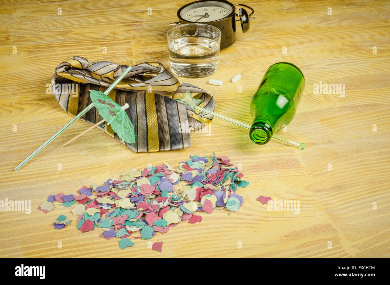 Still life of the aftermath of a party that ended in a hangover, a ...