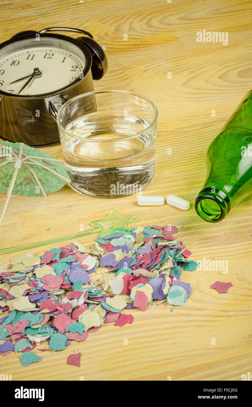 Still life of the aftermath of a party that ended in a hangover, a ...