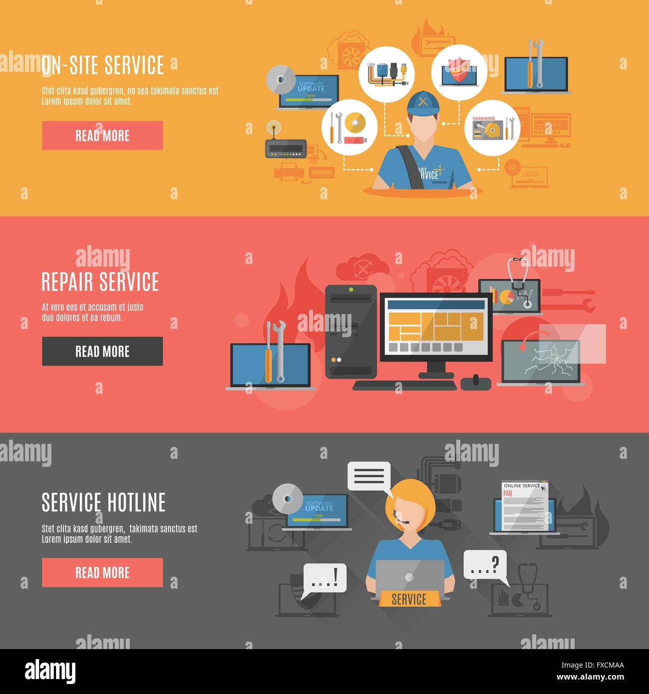 Computer repair flat interactive horizontal banners Stock Vector Image ...