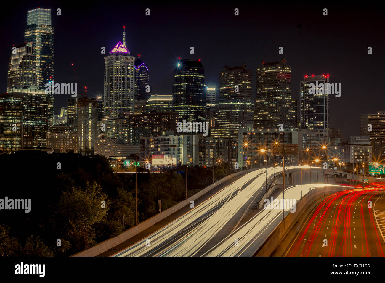 The skyline of Philadelphia is seen in this long exposure, with the ...