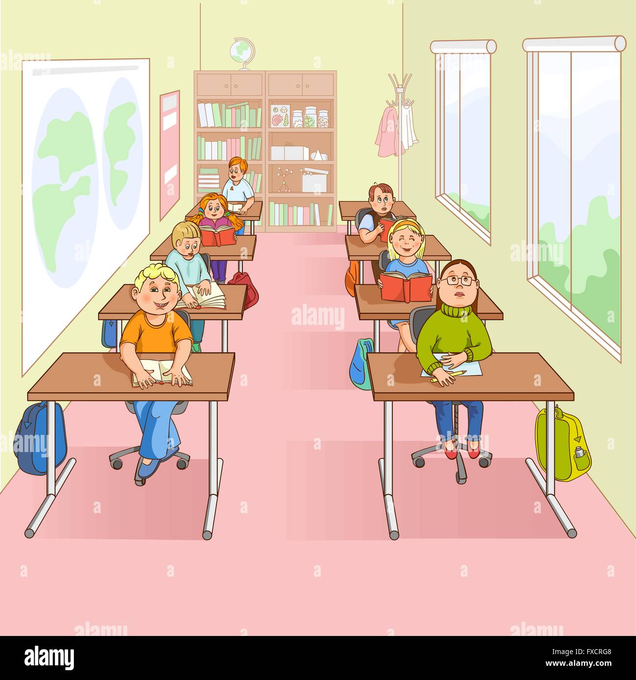 School Students In Classroom Cartoon