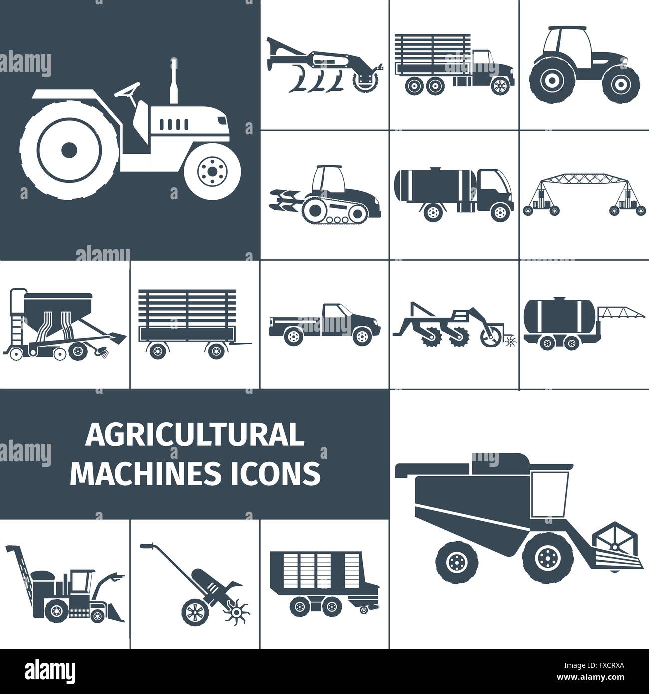 Agricultural Machinery Black White Icons Set Stock Vector Image & Art ...