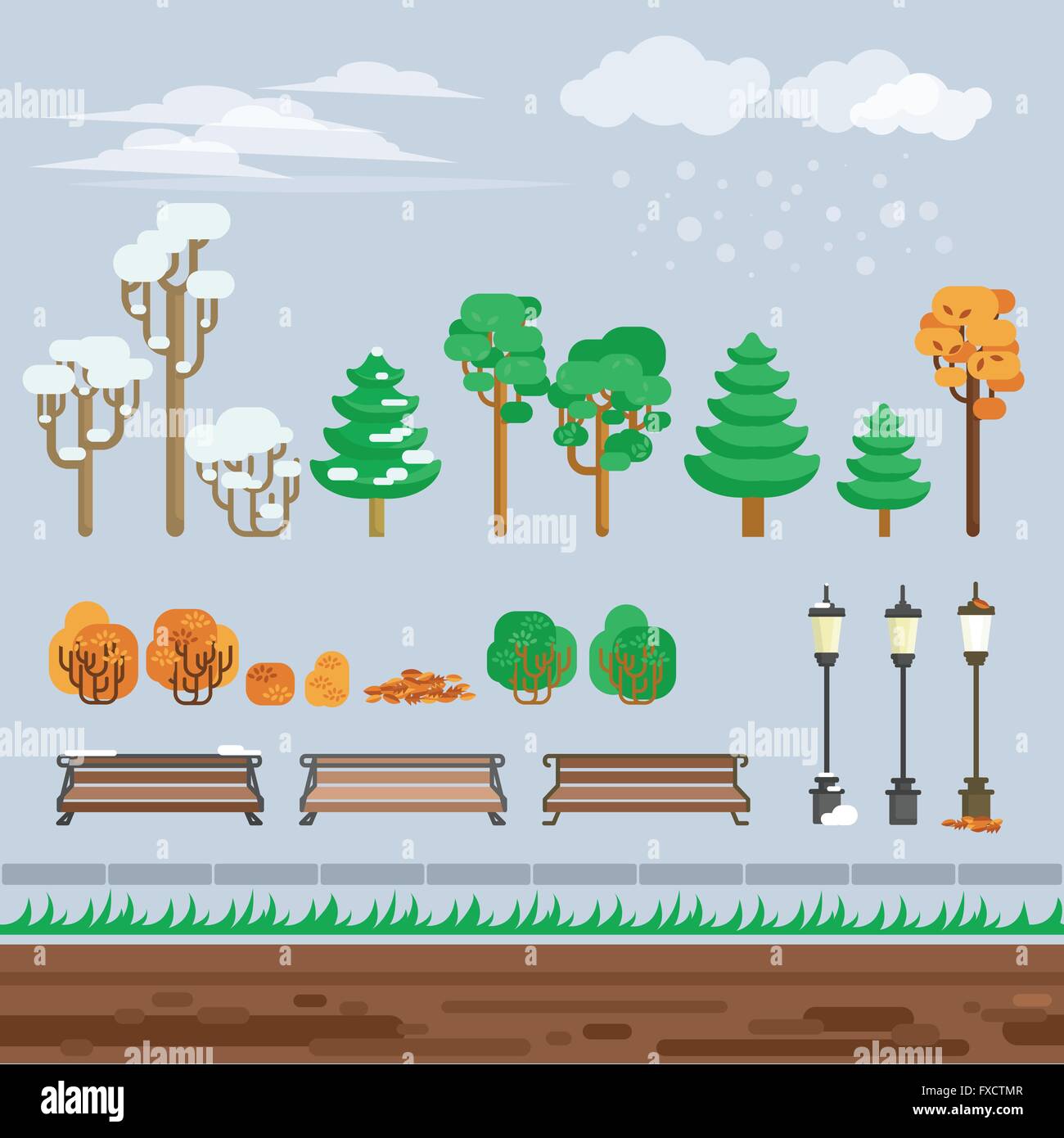Park scene trees benches Stock Vector Images - Alamy