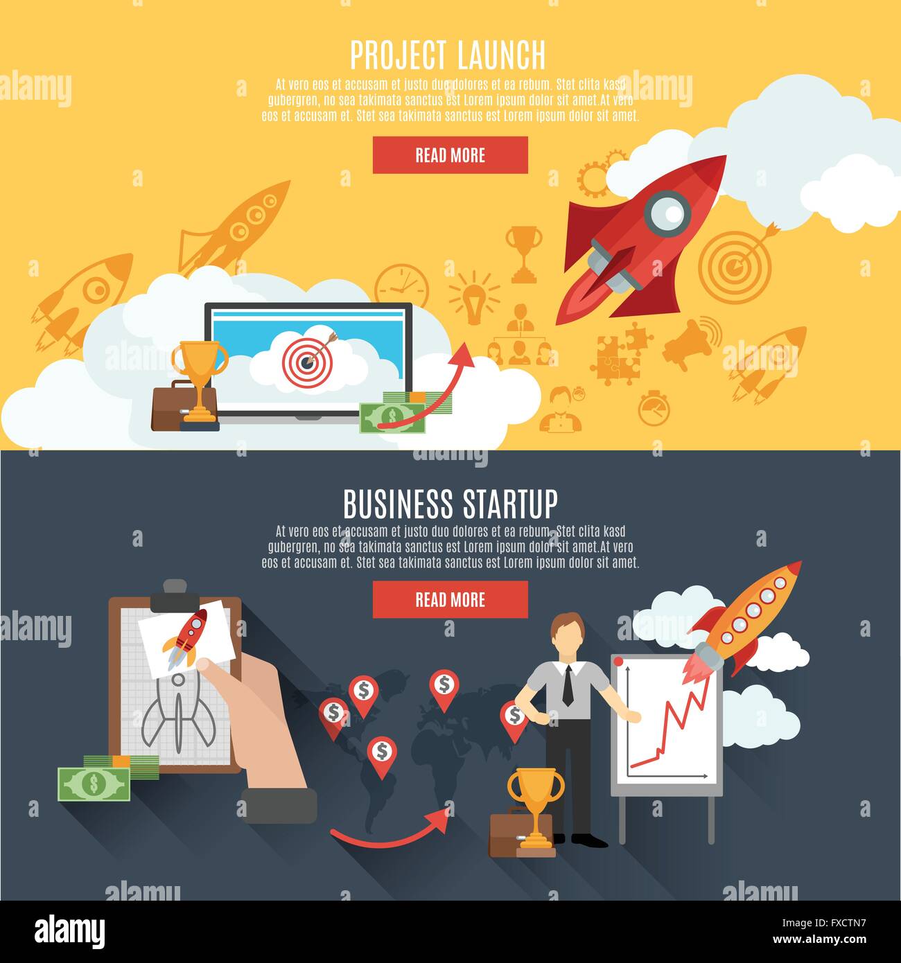 Rocket launch banners interactive webpage design Stock Vector Image ...