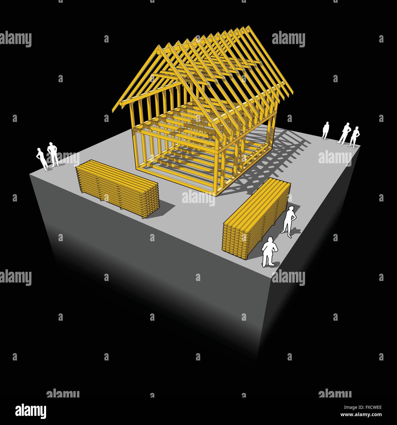 Construction of simple detached house with wooden framework ...