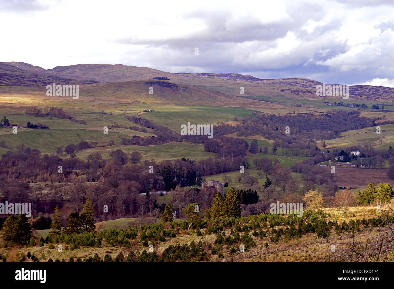 Monzie Castle, Monzie Church and the Perthshire hills viewed from the ...