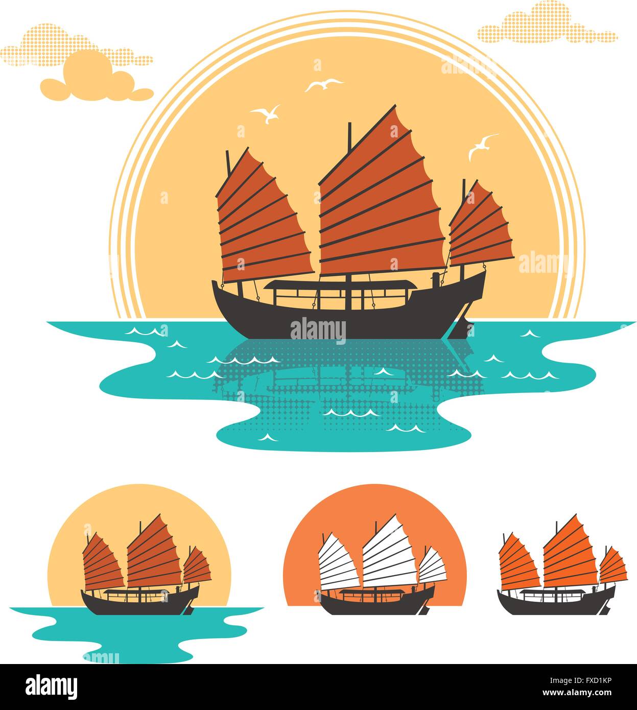 Illustration of junk boat at sunset. Below are 3 additional simplified ...
