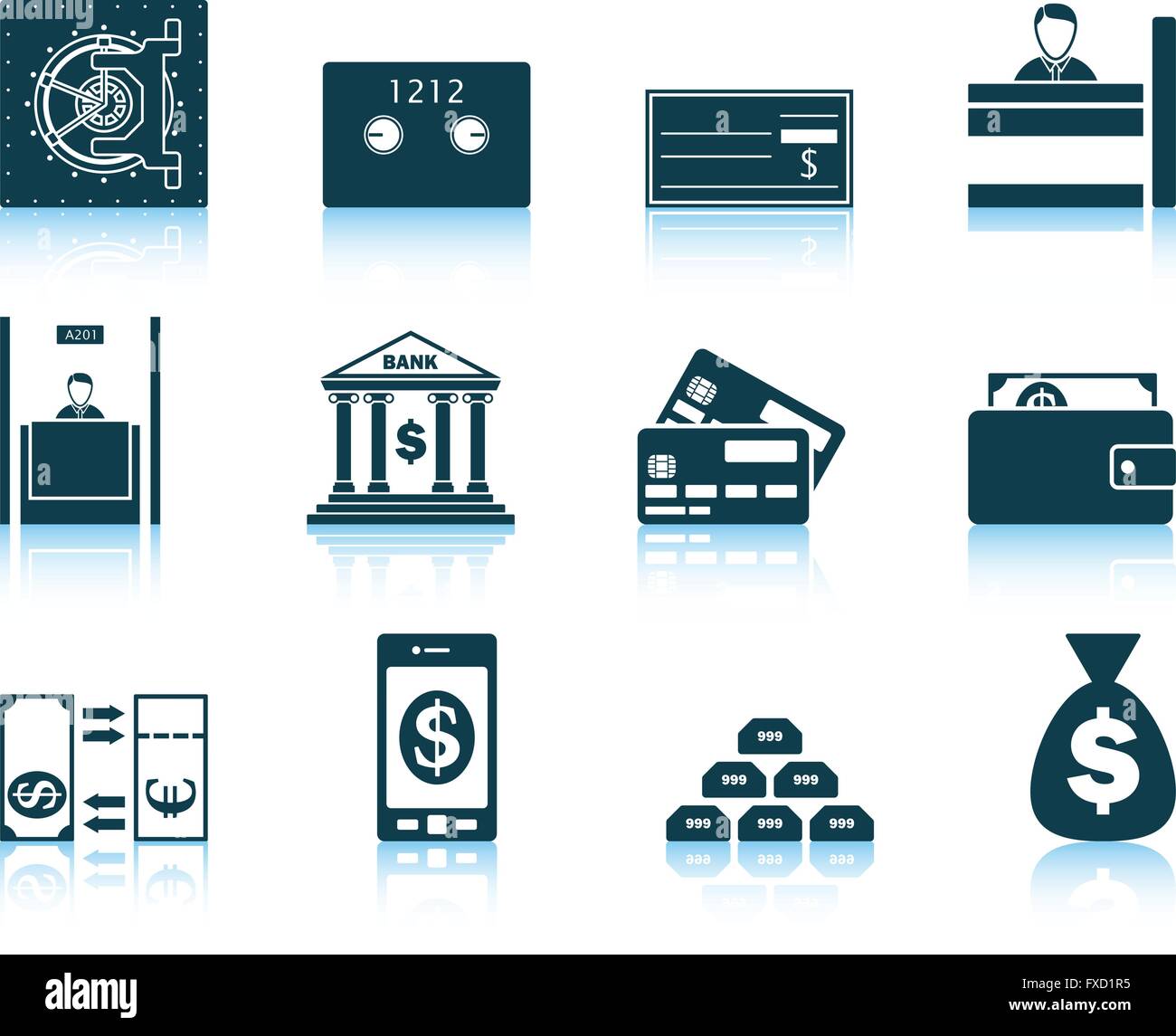 Set of twelve bank icons with reflections. Vector illustration Stock ...