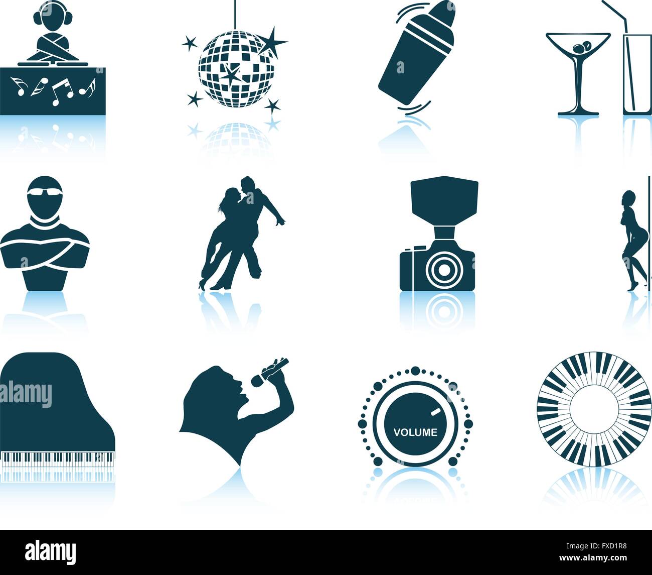 Set of twelve Night club icons with reflections. Vector illustration ...
