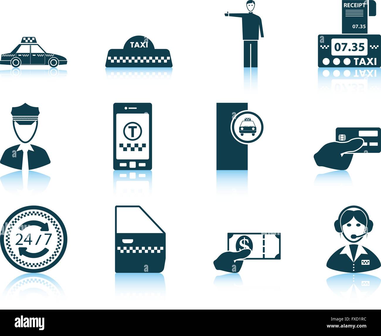 Set of twelve Taxi icons with reflections. Vector illustration Stock ...