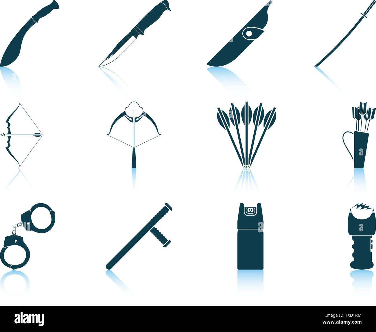 Set of twelve weapon icons with reflections. Vector illustration Stock ...