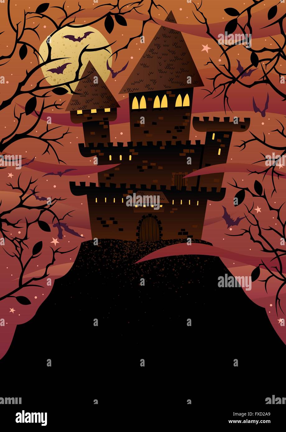 Spooky cartoon castle on steep hill with copy space. No transparency ...