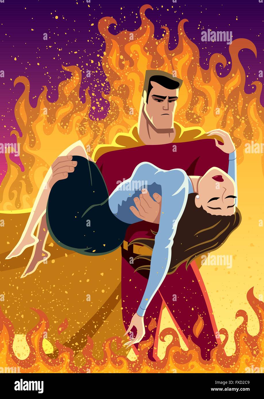 Illustration of superhero carrying woman in his arms. No transparency ...