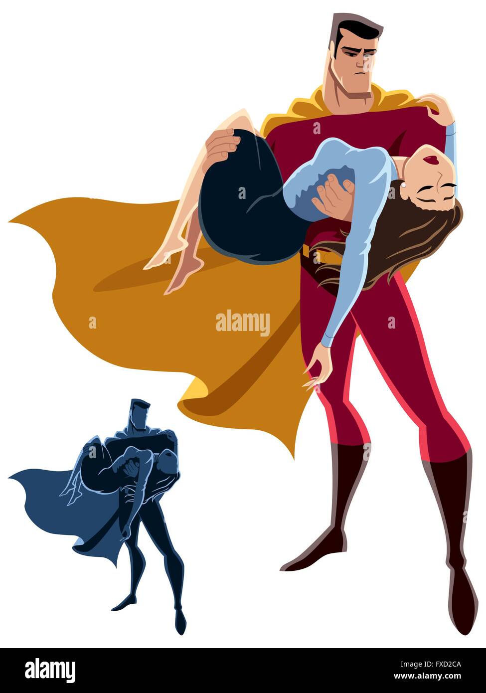 Illustration of superhero carrying woman in his arms. No transparency ...