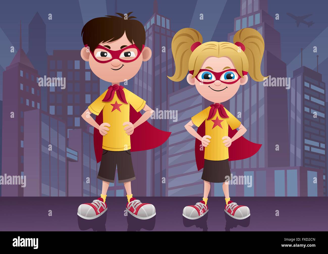 Super kids posing in front of cityscape. No transparency used. Basic ...