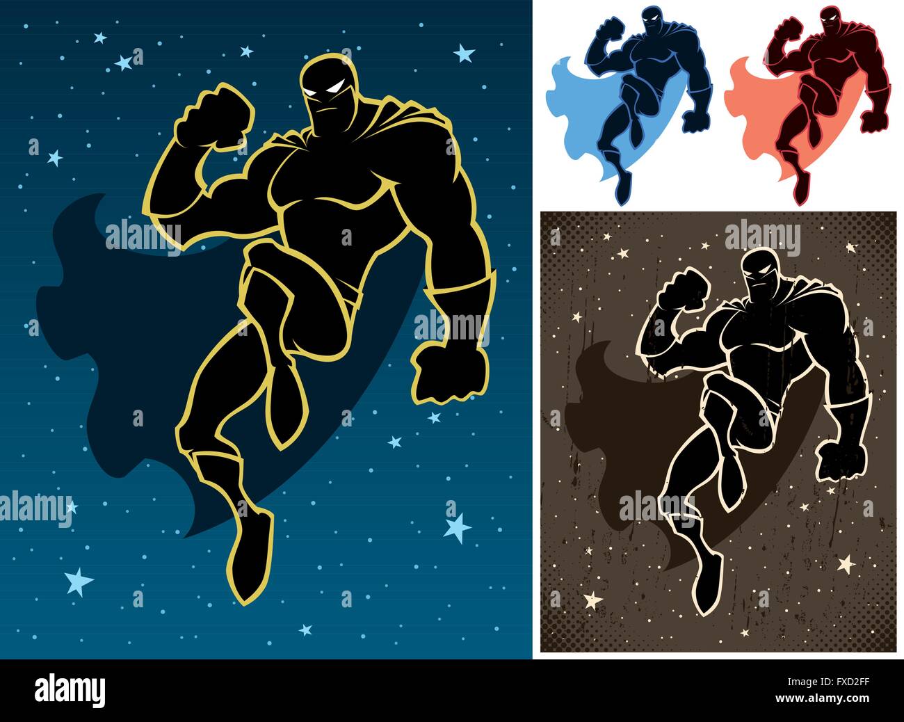 Superhero floating in the sky. Retro version and versions on white ...