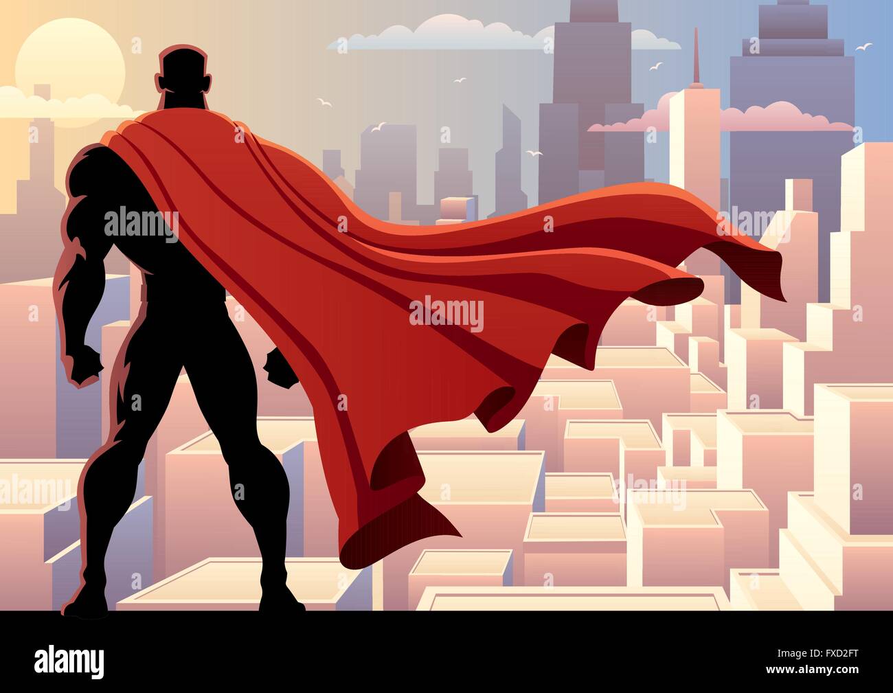 Superhero watching over city. No transparency used. Basic (linear ...