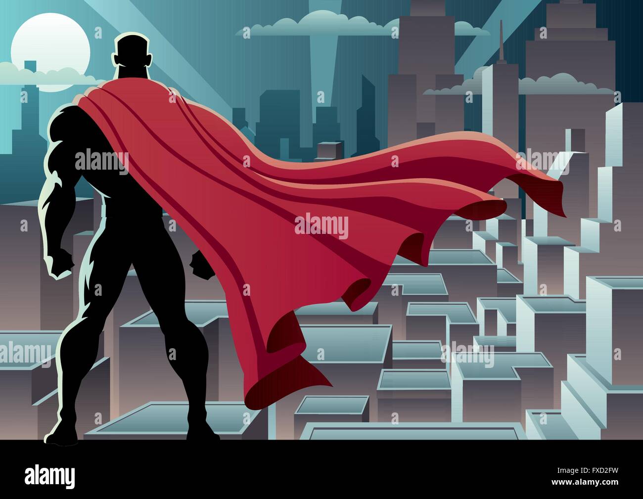 Superhero watching over city. No transparency used. Basic (linear ...
