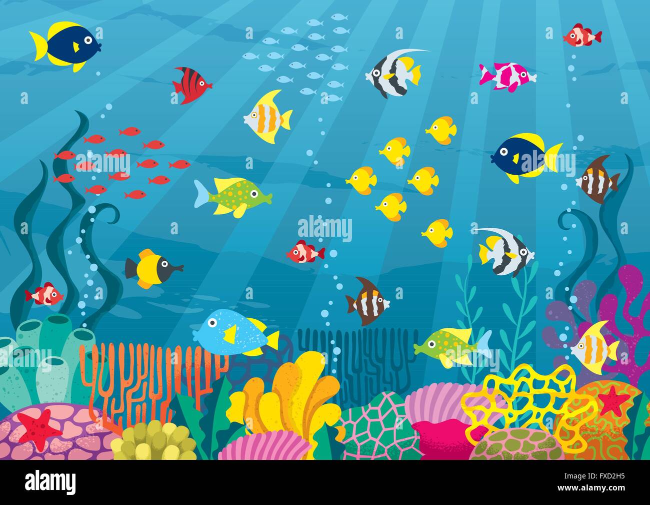 Cartoon illustration of underwater world with corals and fish Stock ...