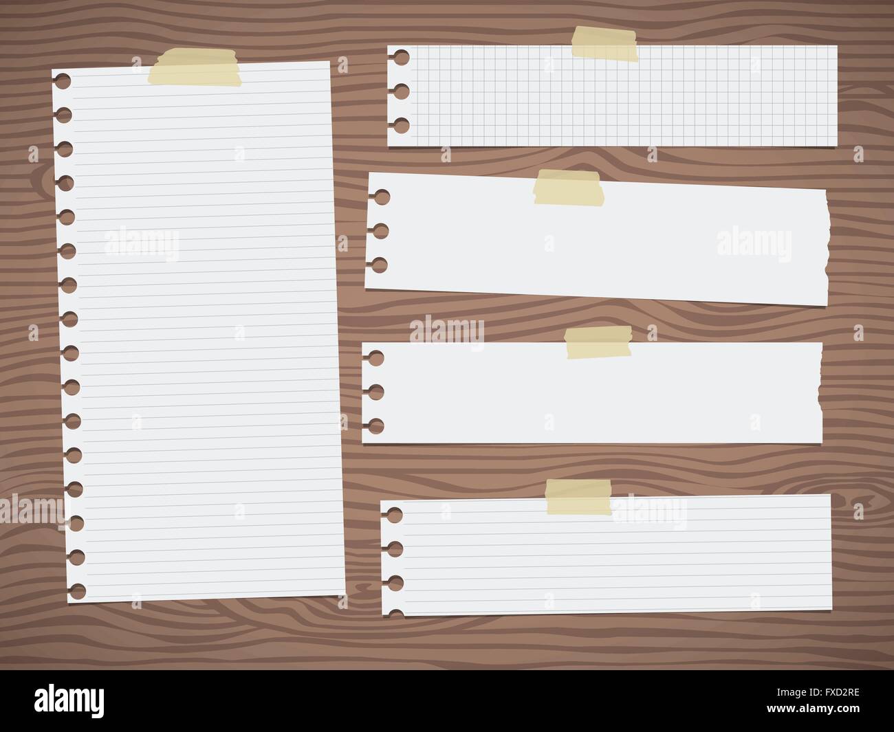Pieces of torn brown lined note paper sticked on gray wooden wall or ...