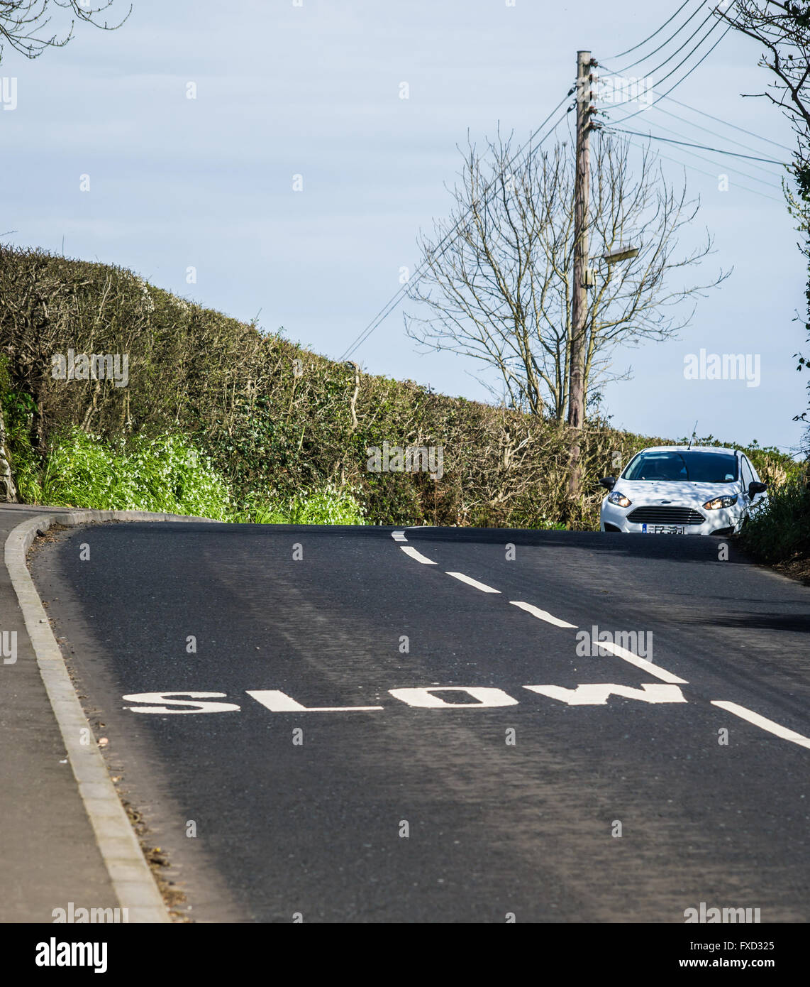 SLOW road sign painted on a tarmacked surface Stock Photo - Alamy
