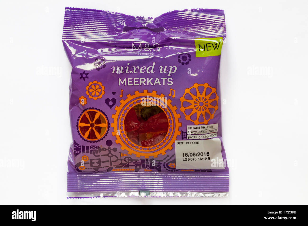 Bag of Marks & Spencer M&S new mixed up meerkats sweets isolated on ...