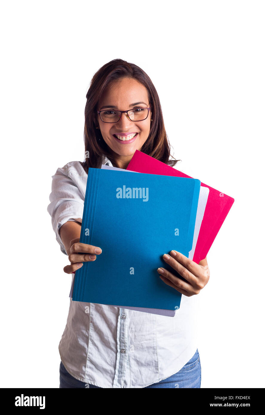 student girl really happy for good grades on white background Stock ...