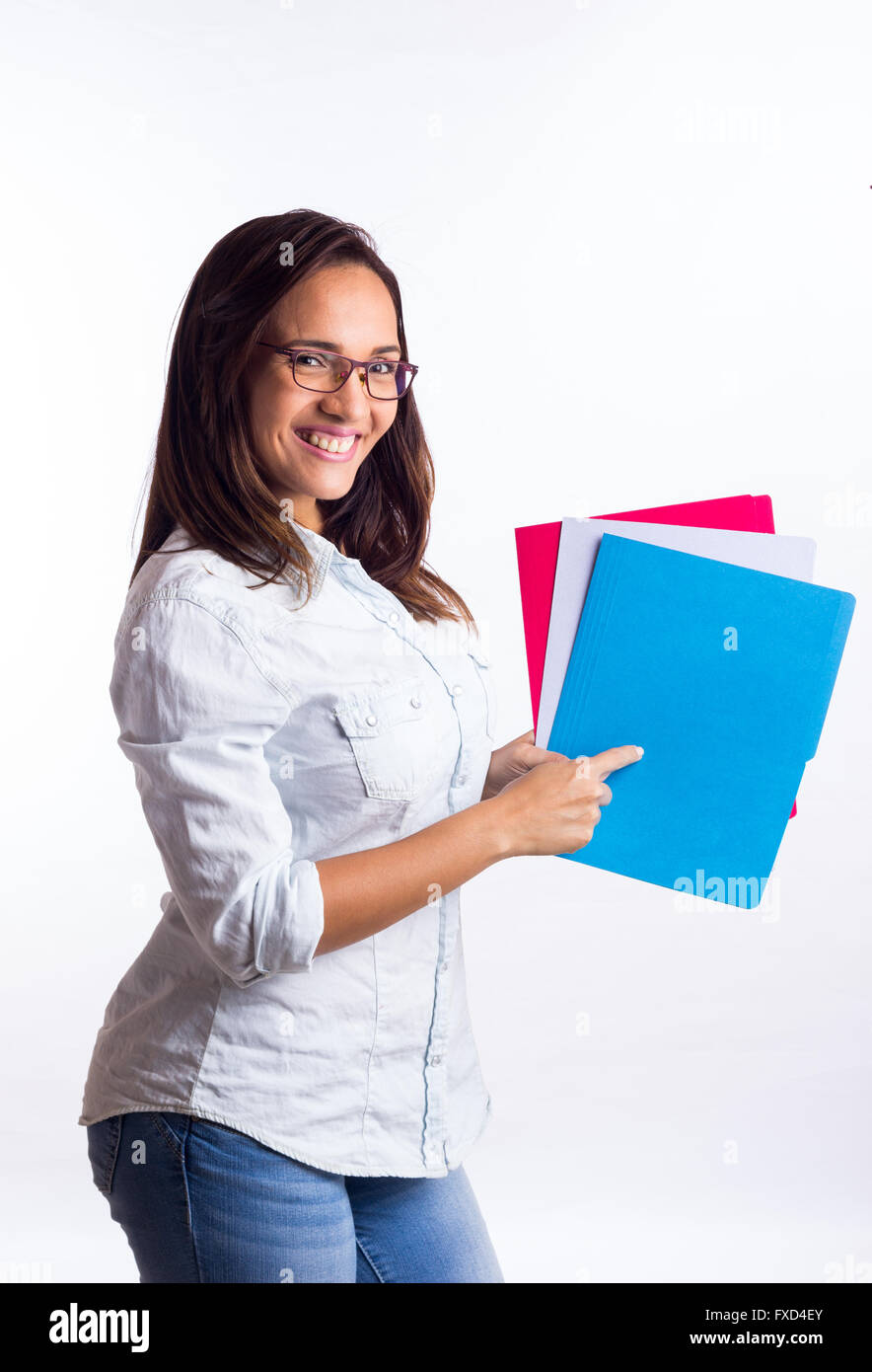 student girl really happy for good grades on white background Stock ...