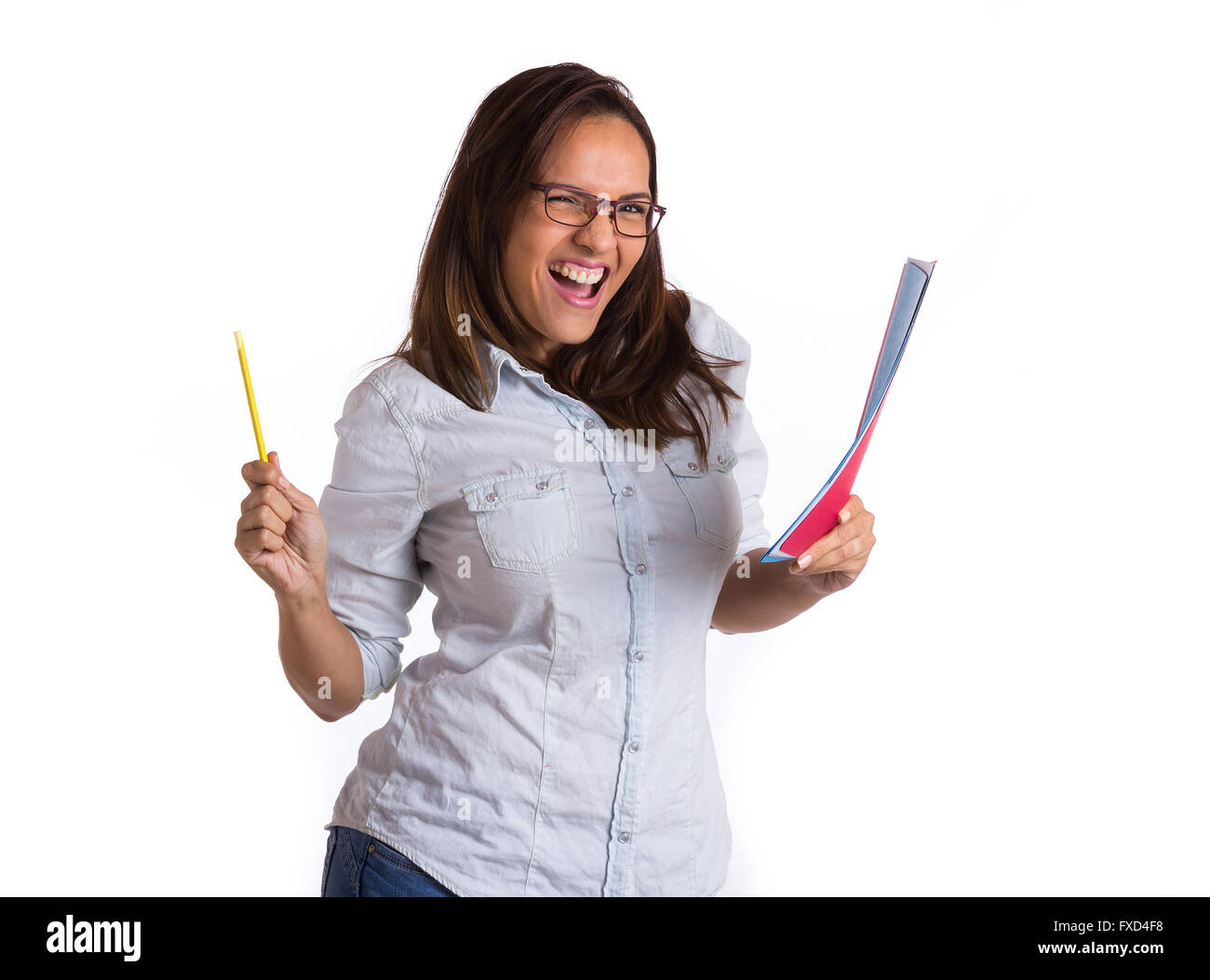 student girl really happy for good grades on white background Stock ...