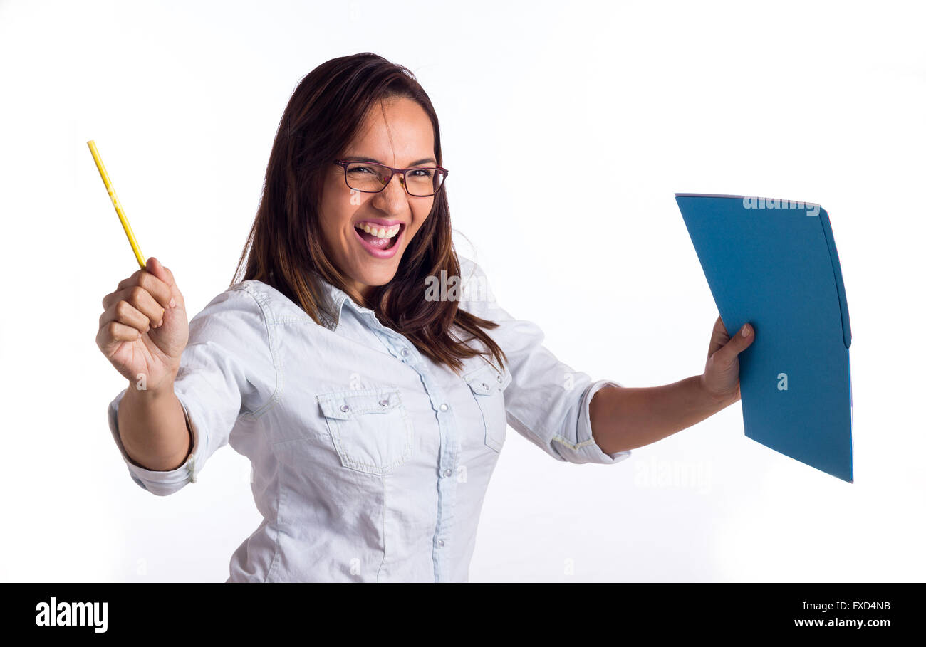 student girl really happy for good grades on white background Stock ...