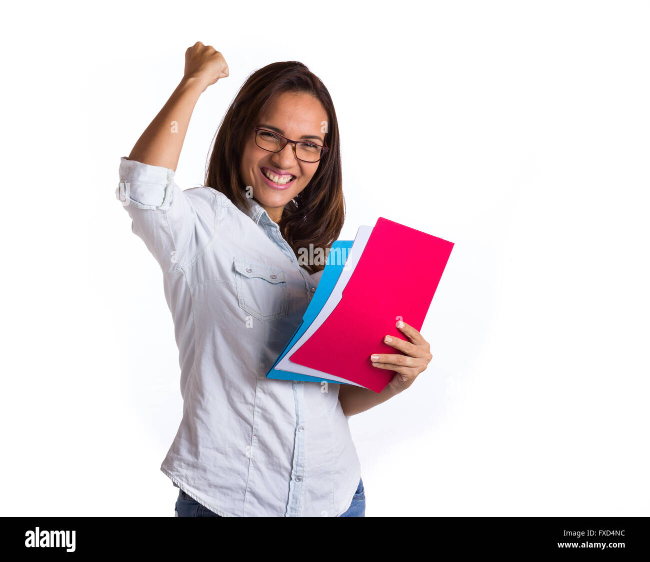 student girl really happy for good grades on white background Stock ...