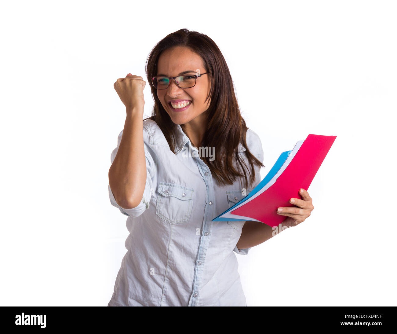 student girl really happy for good grades on white background Stock ...
