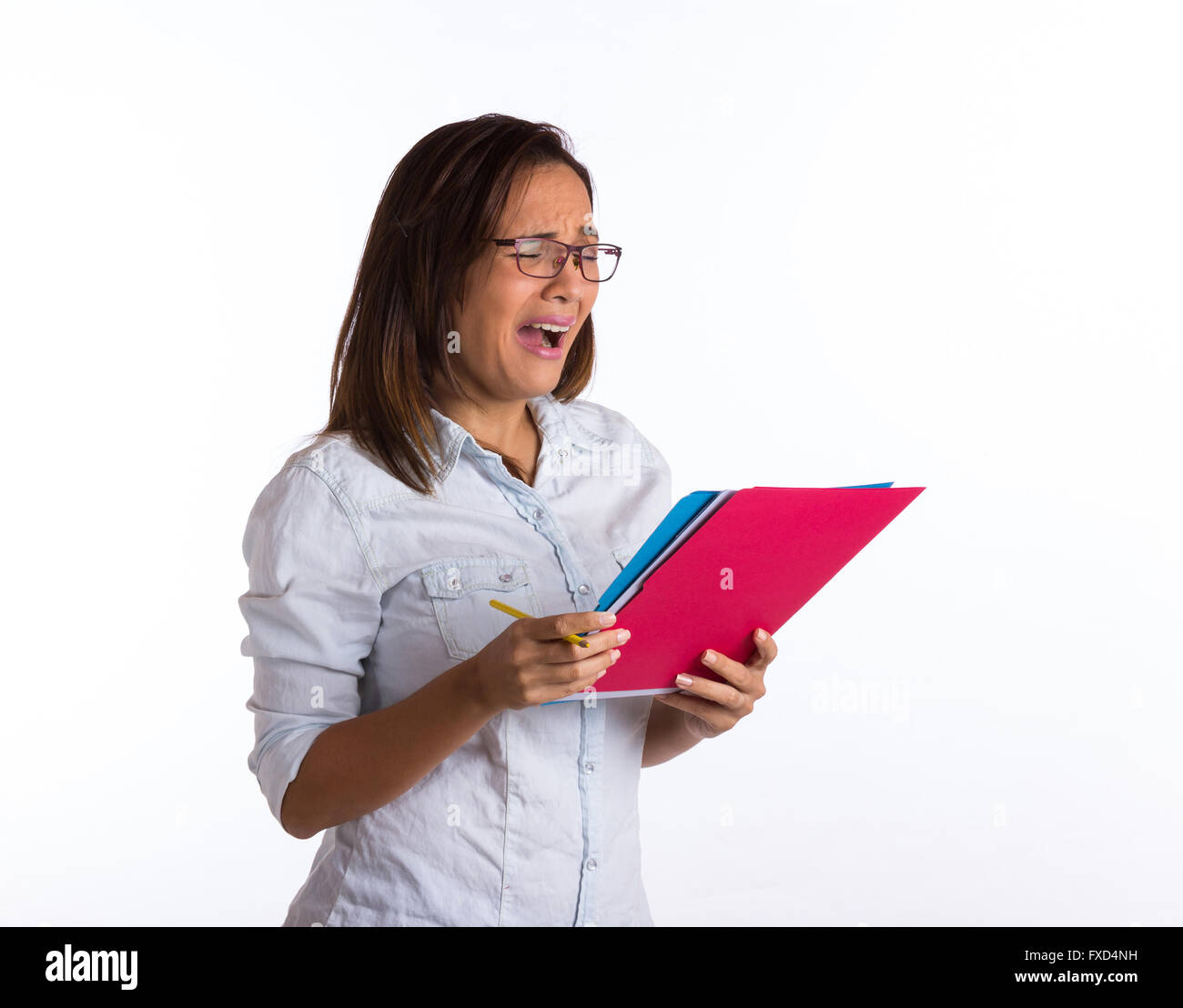 sad girl student on white background Stock Photo - Alamy