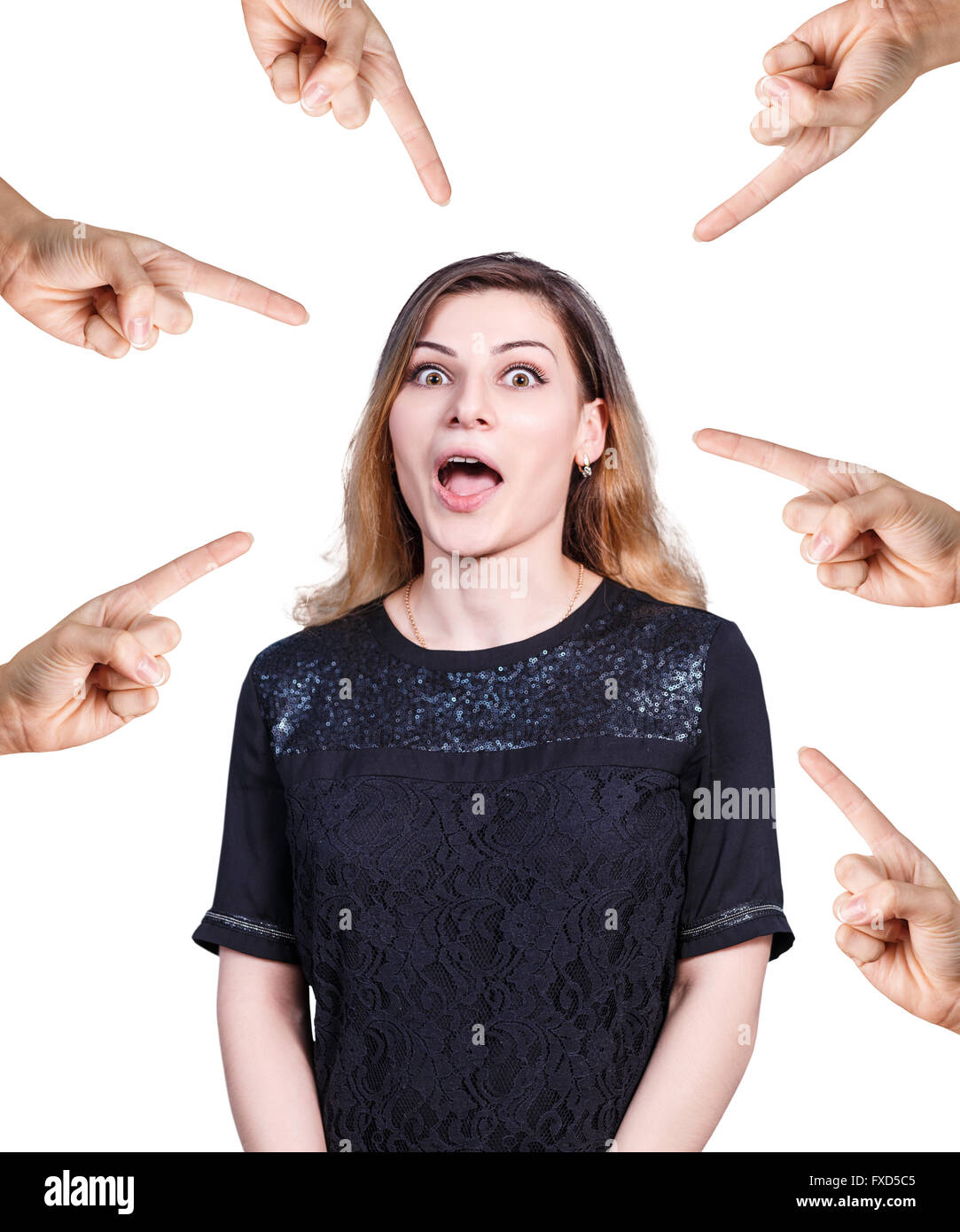 Many hands point on young surprised woman Stock Photo - Alamy