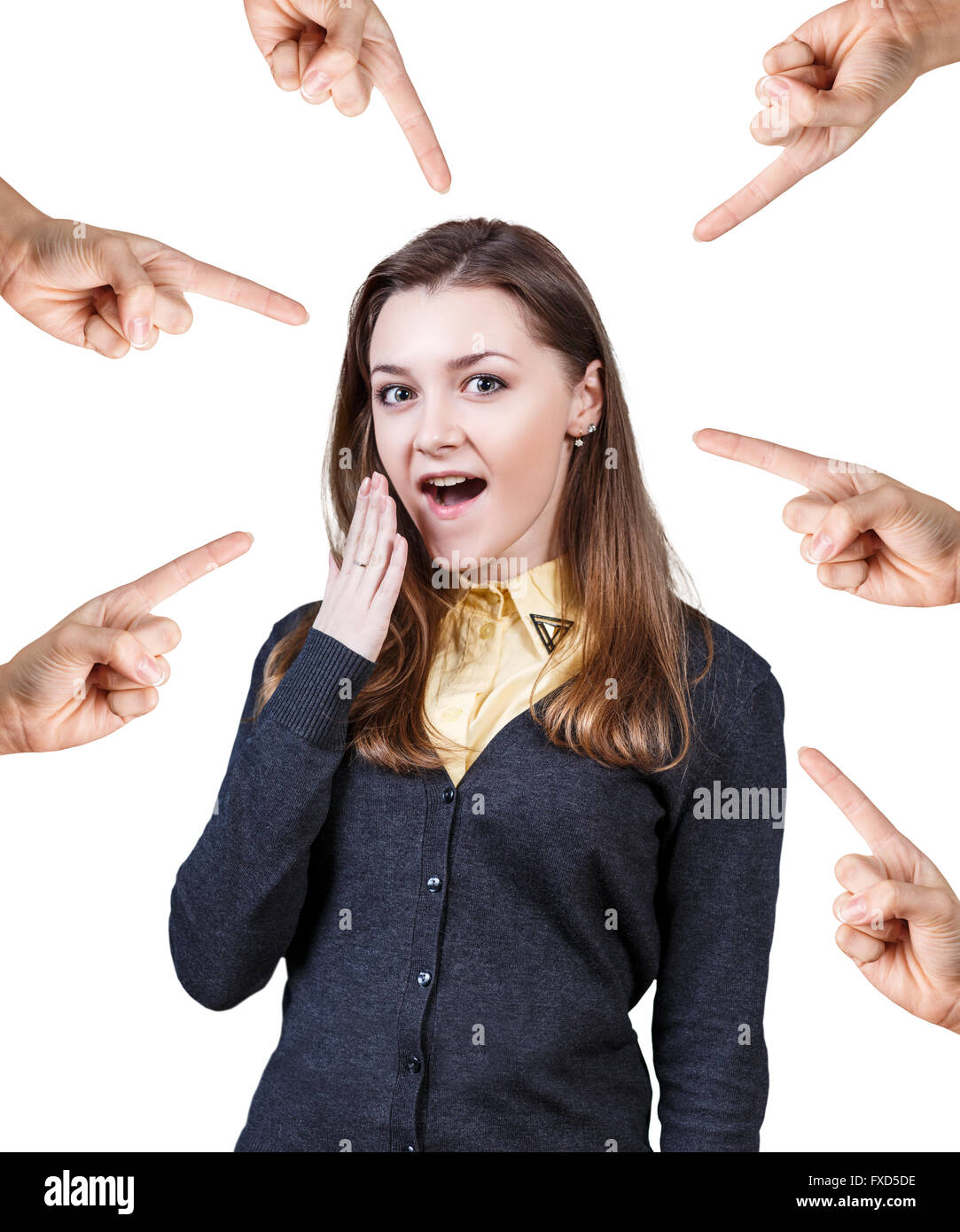 Many hands point on young surprised woman Stock Photo - Alamy